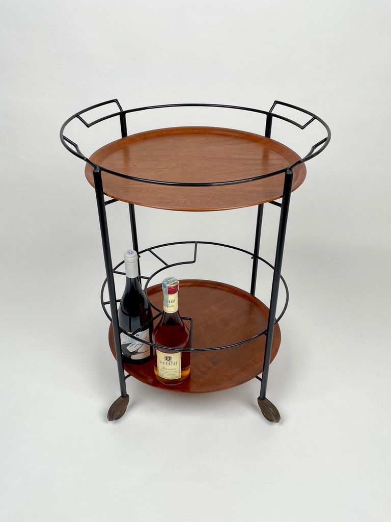 Round Serving Bar Cart Tray in Teak and Black Metal, Italy, 1960s For ...