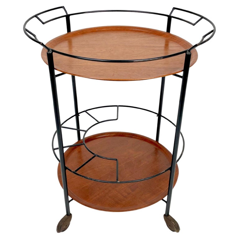 Round Serving Bar Cart Tray in Teak and Black Metal, Italy, 1960s For ...