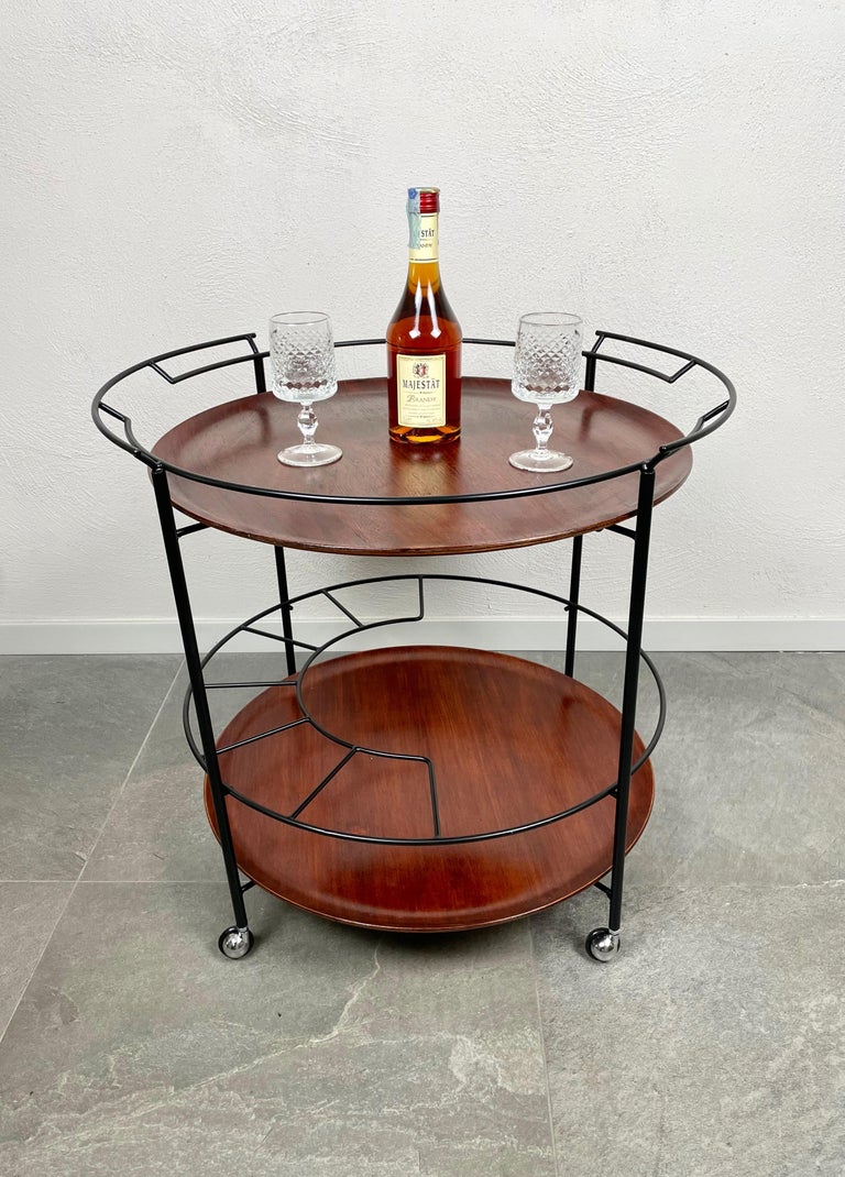 Round Serving Cart Tray in Teak and Black Metal, Italy, 1960s For Sale ...