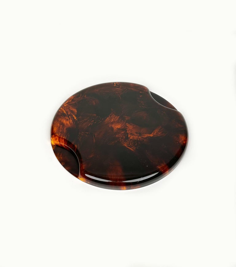 Round Serving Tray in Lucite Faux Tortoiseshell and Brass, Italy, 1970s ...