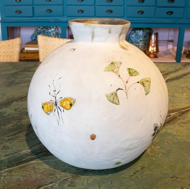 Round-Shaped Vase in Hand-Painted Ceramic with Insects For Sale at 1stDibs