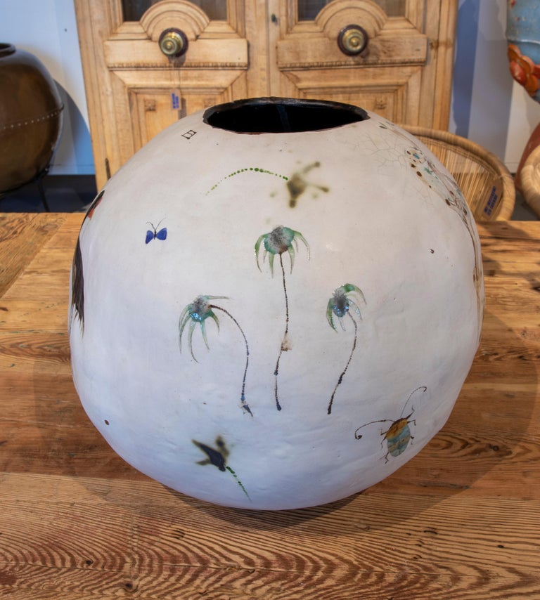 Round-Shaped Vase in Hand Painted Ceramic with Insects For Sale at 1stDibs