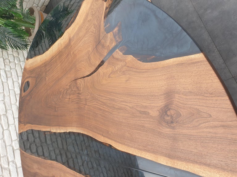 Round Smokey Black Epoxy Resin Conference/Dining Table in Walnut, Made ...