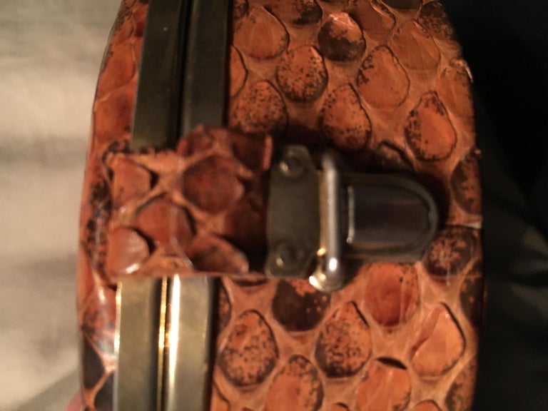 Round Snakeskin Box with Brass Detail and Closure at 1stDibs