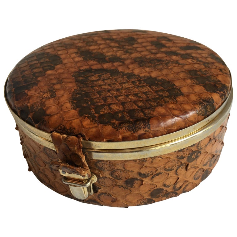 Round Snakeskin Box with Brass Detail and Closure at 1stDibs