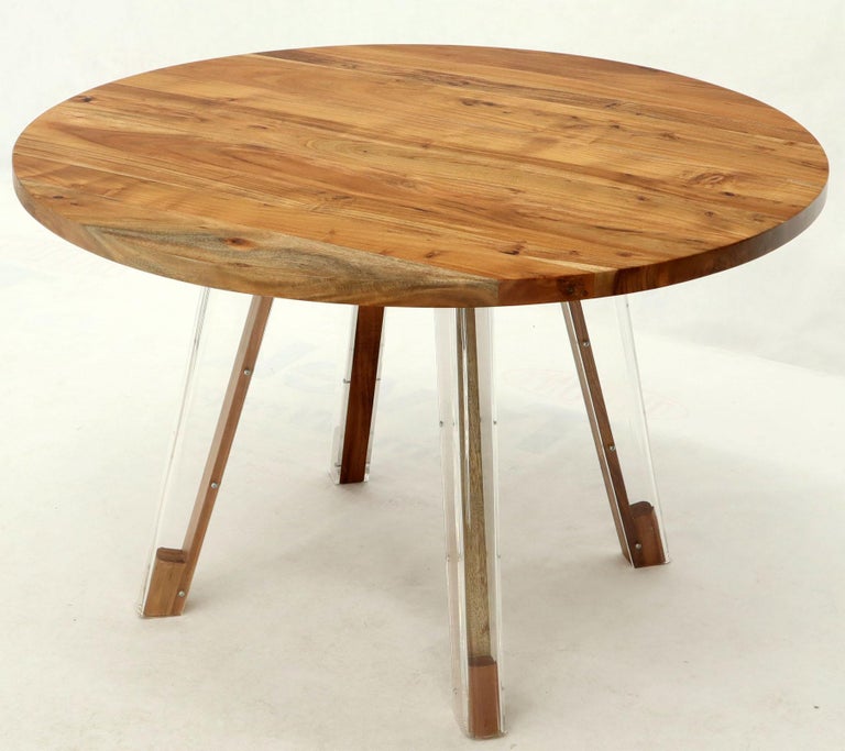 Round Solid Thick Oiled Teak Top Lucite Legs Dining Table For Sale at ...