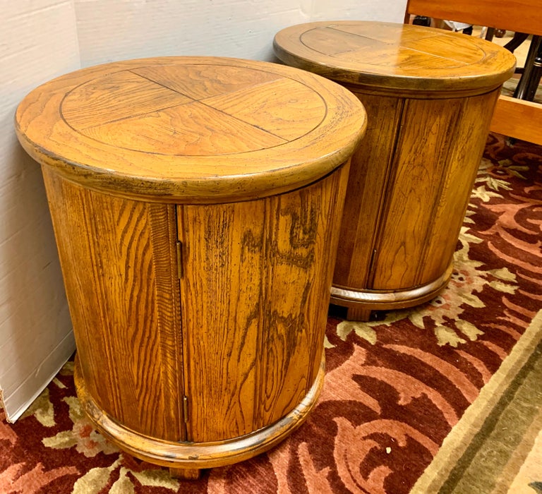 Round Solid Wood Drum Tables, Cabinets, Nightstands, Pair at 1stDibs