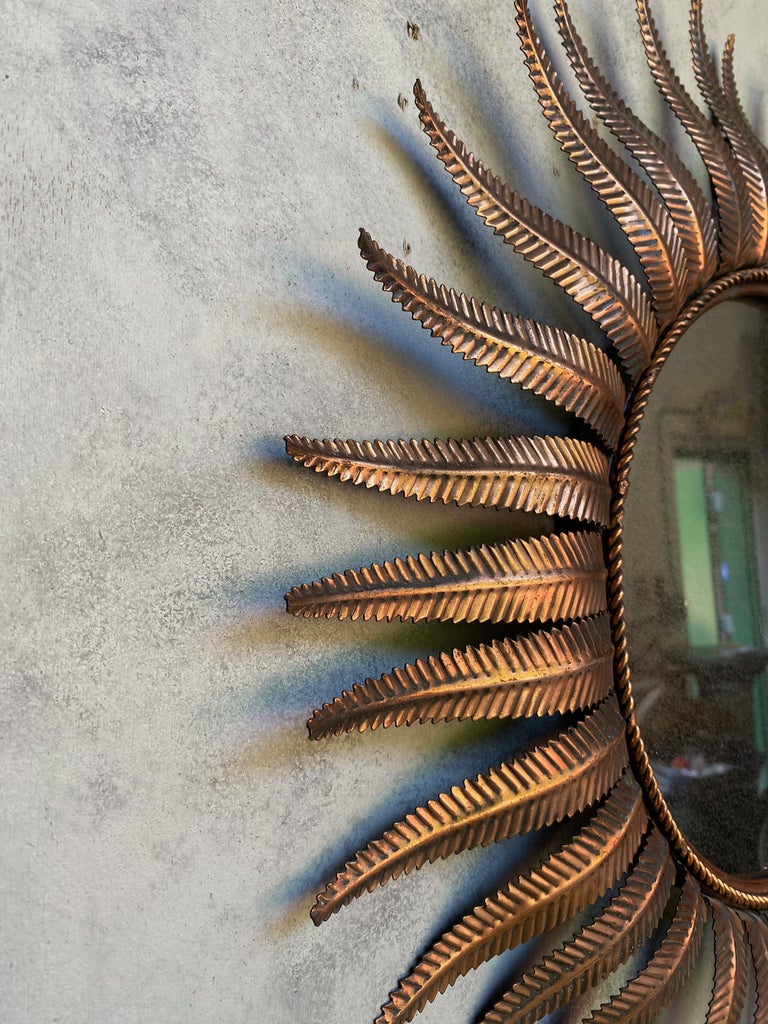 Round Spanish Copper Plated Metal Sunburst Mirror with Fern Leaf Frame ...