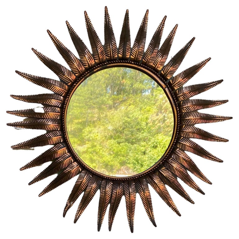 Round Spanish Copper Plated Metal Sunburst Mirror with Fern Leaf Frame ...
