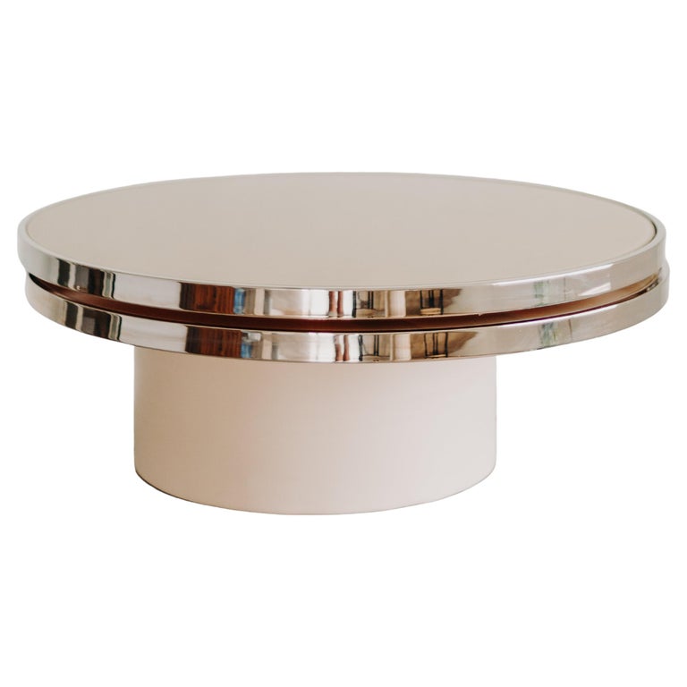 Table basse ronde pivotante en verre ivoire et chrome du Design ...