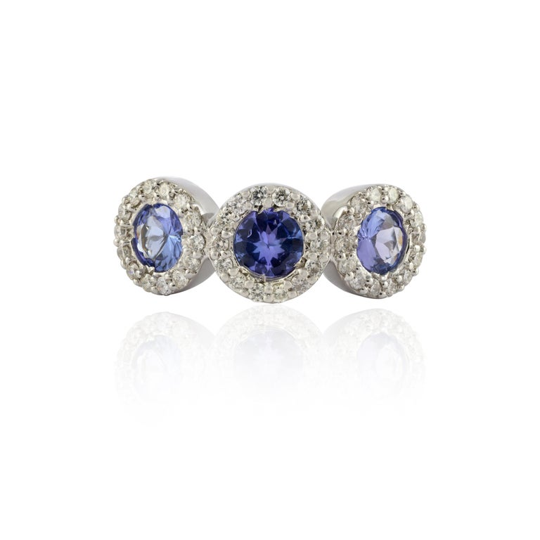 Customizable Round Tanzanite Three-Stone Diamond Halo Engagement Ring ...