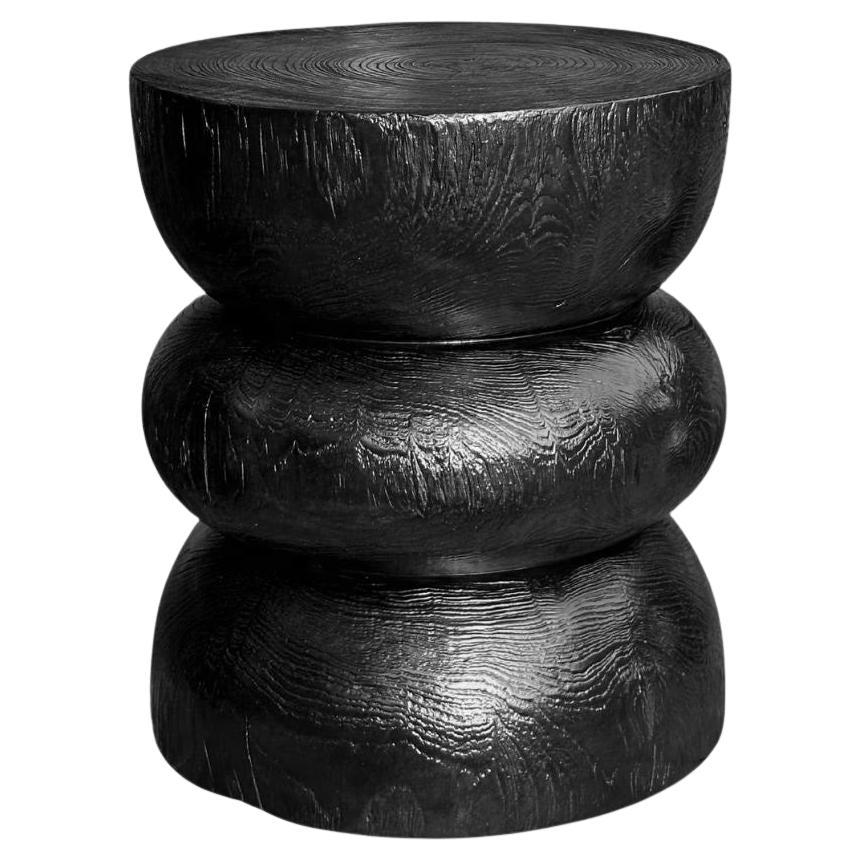 Round Teak Wood Side Table, Black Finish, Layered Design, Modern ...