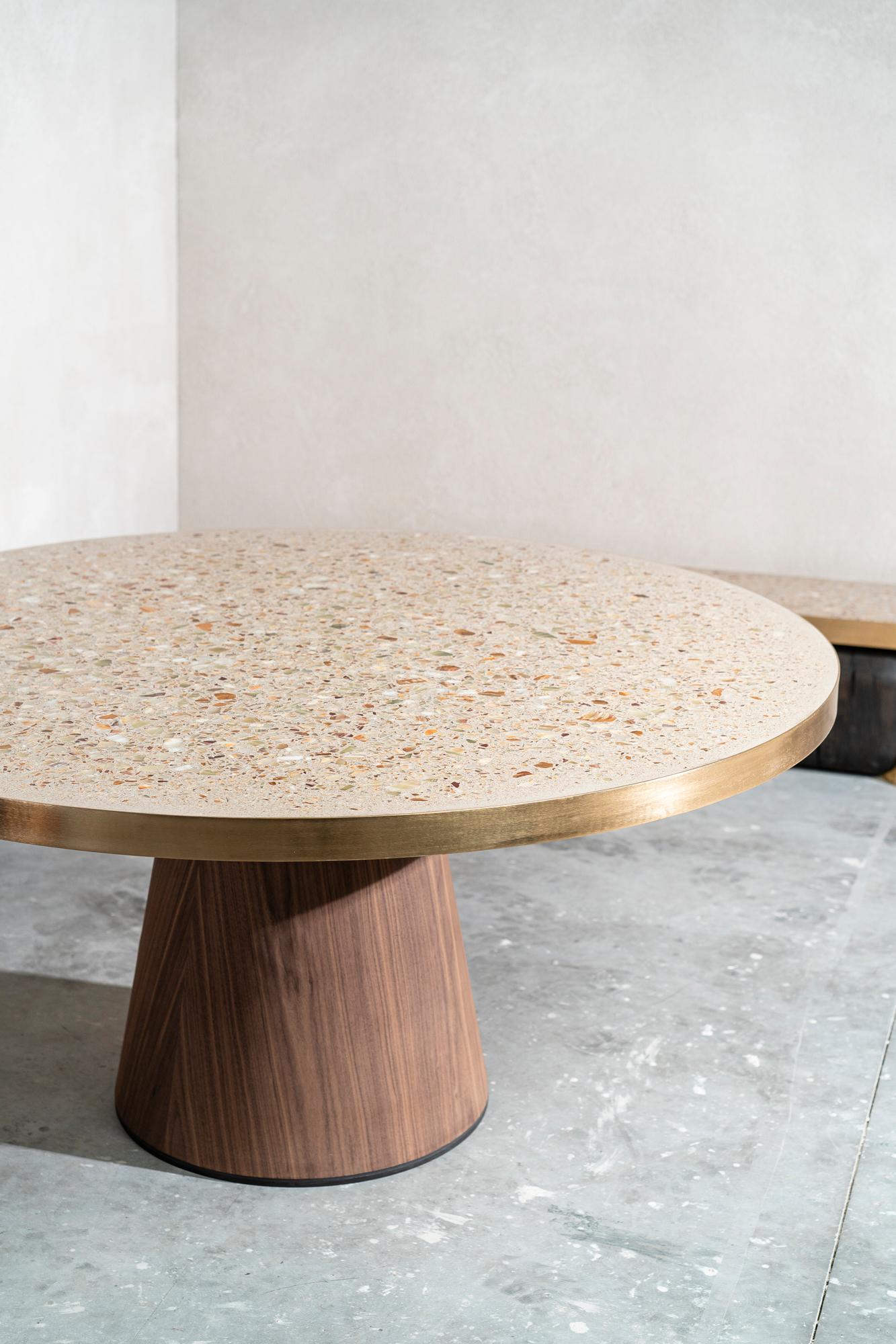 Round Terrazzo Table with Onyx Stones, Brass Ring and nut wood stand size 160 For Sale at 1stDibs