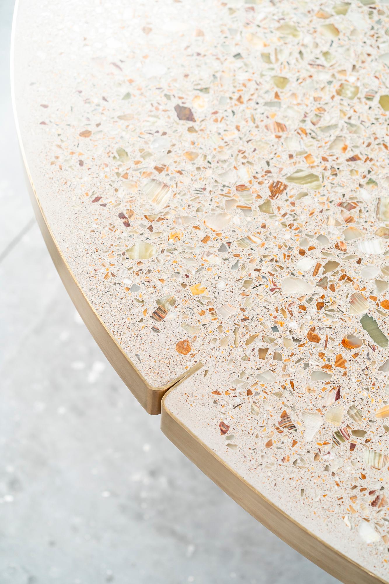 Round Terrazzo Table with Onyx Stones, Brass Ring and nut wood stand ...
