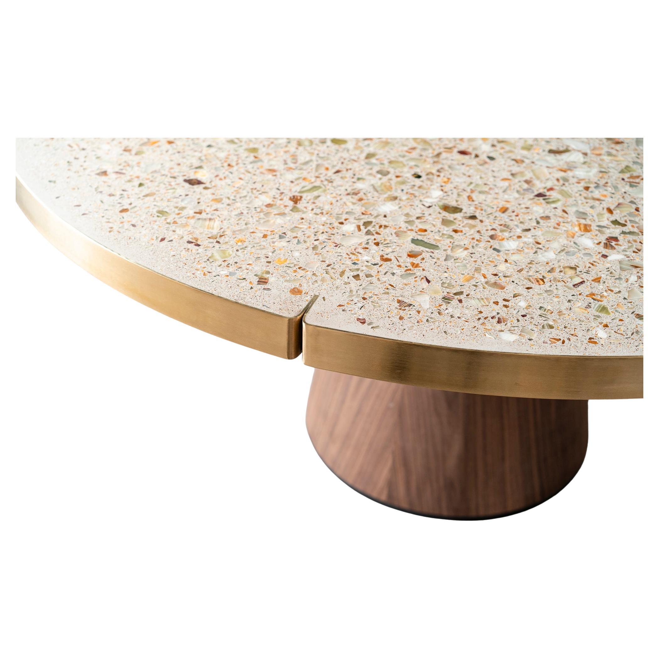 Round Terrazzo Table with Onyx Stones, Brass Ring and nut wood stand size 160 For Sale at 1stDibs