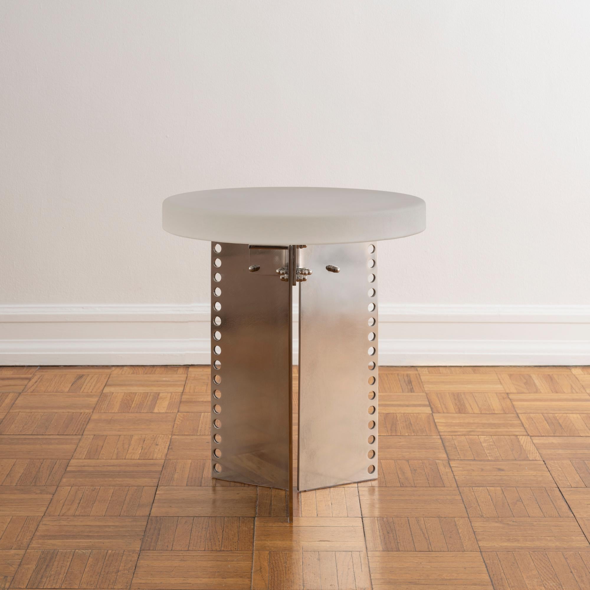 Modern Industrial-Style Round Glass Top End Table with Perforated Steel ...