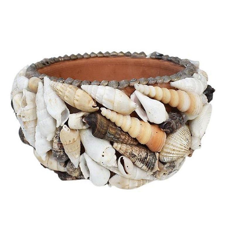 Round Tramp Art Shell Encrusted Planter or Bowl Midcentury Folk Art For ...