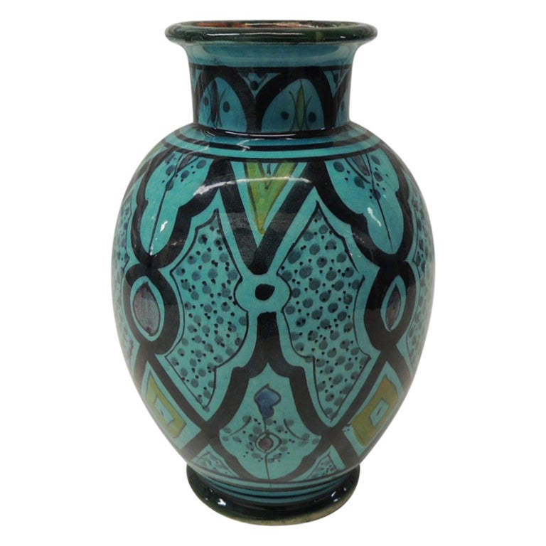 Round Turquoise and Black Terracotta Moroccan Decorative Vase at ...
