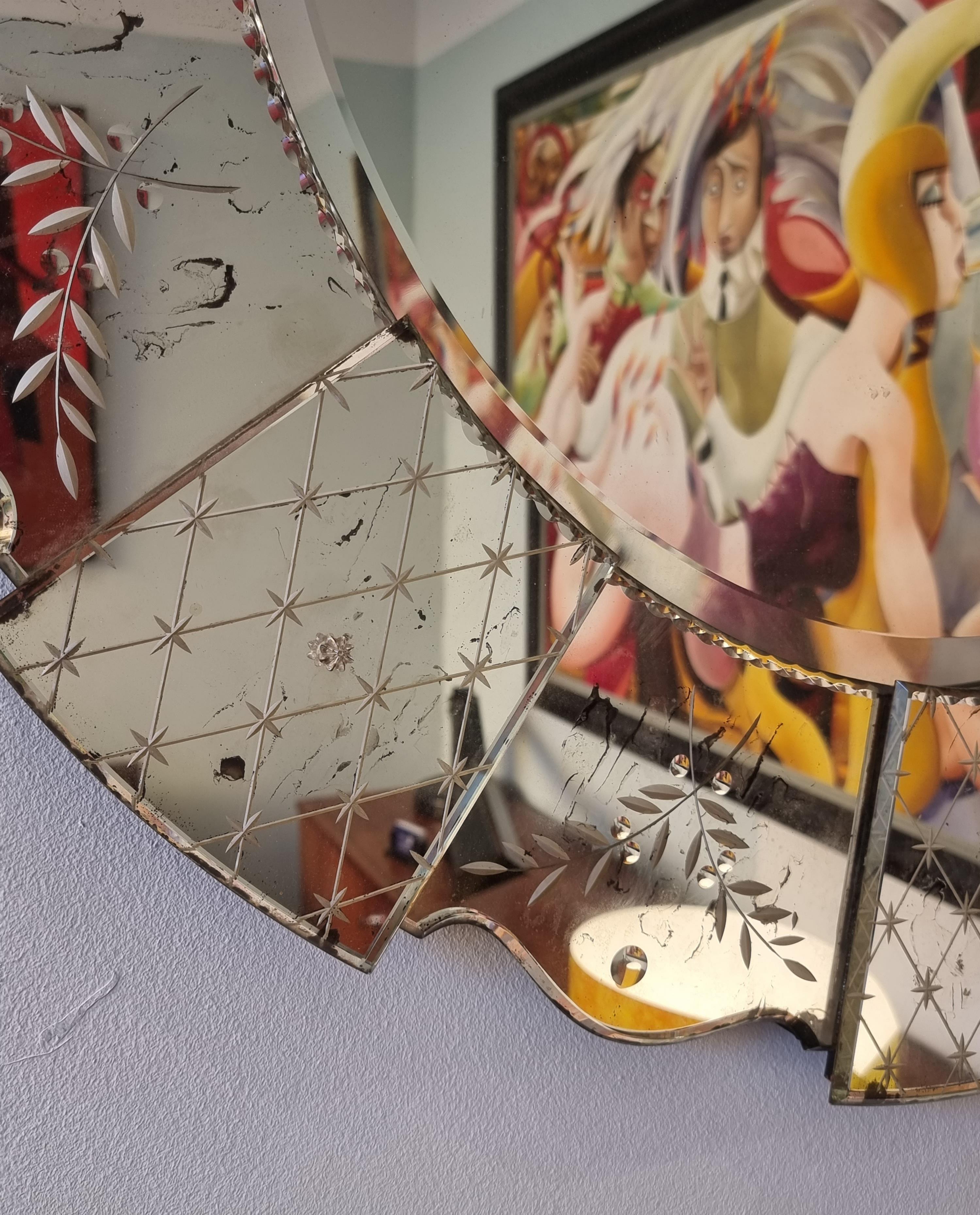 Round Venetian Mirror, Engraved Glass, 20th For Sale at 1stDibs