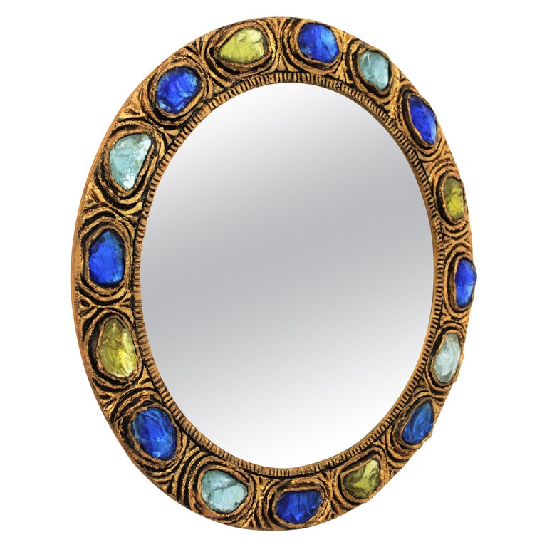 Round Wall Mirror with Blue, Yellow and Turquoise Rock Crystals at ...