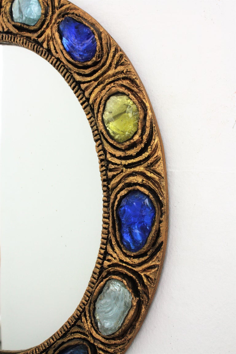 Round Wall Mirror with Blue, Yellow and Turquoise Rock Crystals at ...