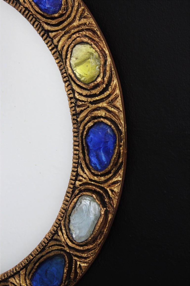 Round Wall Mirror with Blue, Yellow and Turquoise Rock Crystals at ...