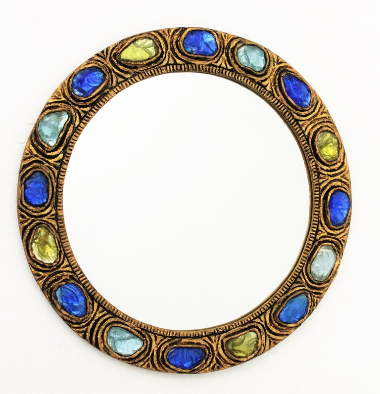Round Wall Mirror with Blue, Yellow and Turquoise Rock Crystals at ...