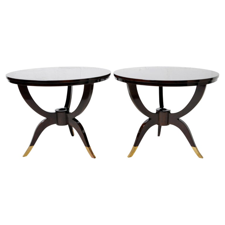 Round Walnut Side Tables with Brass-Capped Feet at 1stDibs