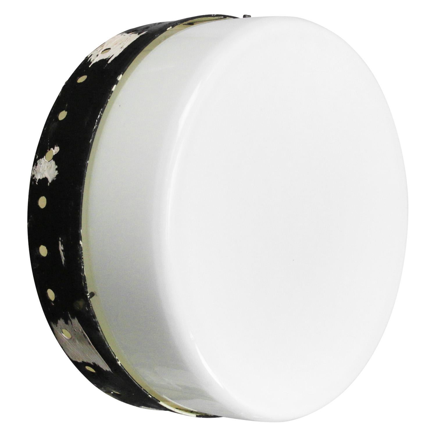 Round White Opaline Glass Vintage Iron Scones Ceiling Lamps at 1stDibs