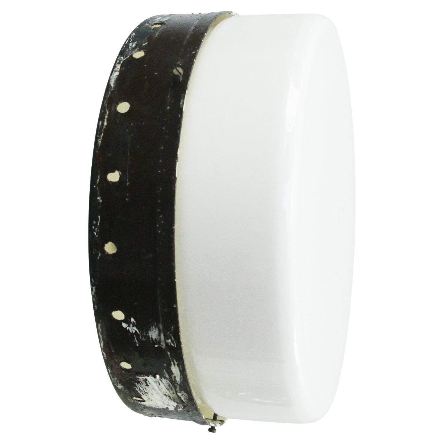 Round White Opaline Glass Vintage Iron Scones Ceiling Lamps at 1stDibs