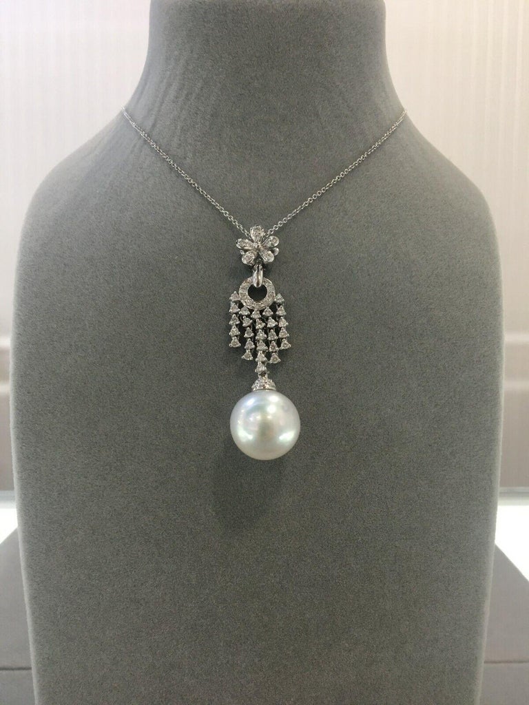 Round White South Sea Pearl Diamond 18 Karat White Gold Pendant Drop ...