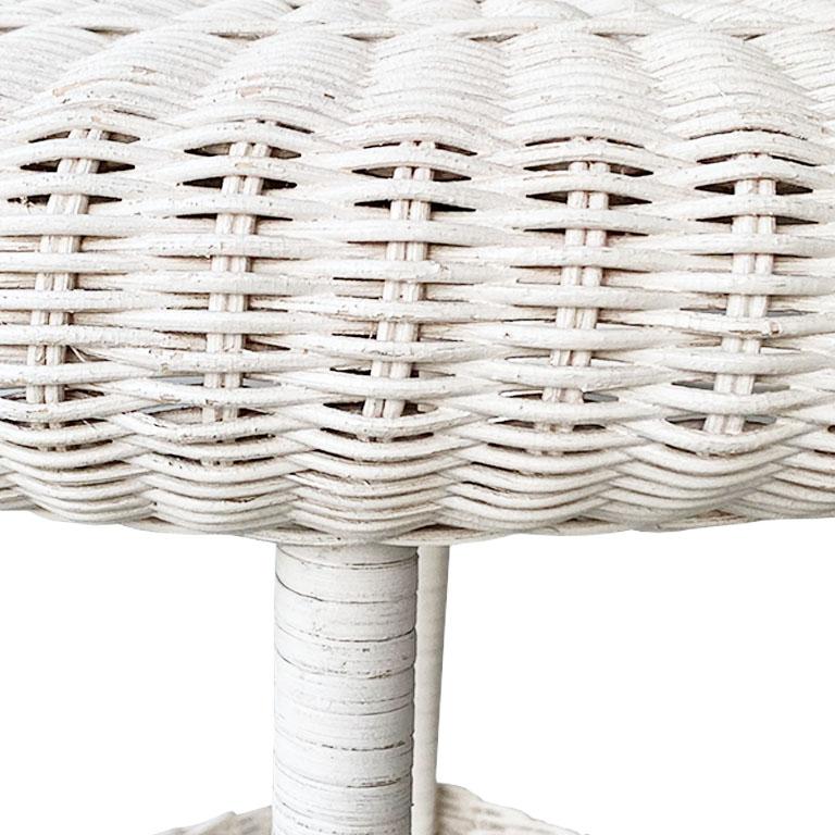 Round White Woven Wicker and Rattan Side Patio Table with Bottom Shelf ...