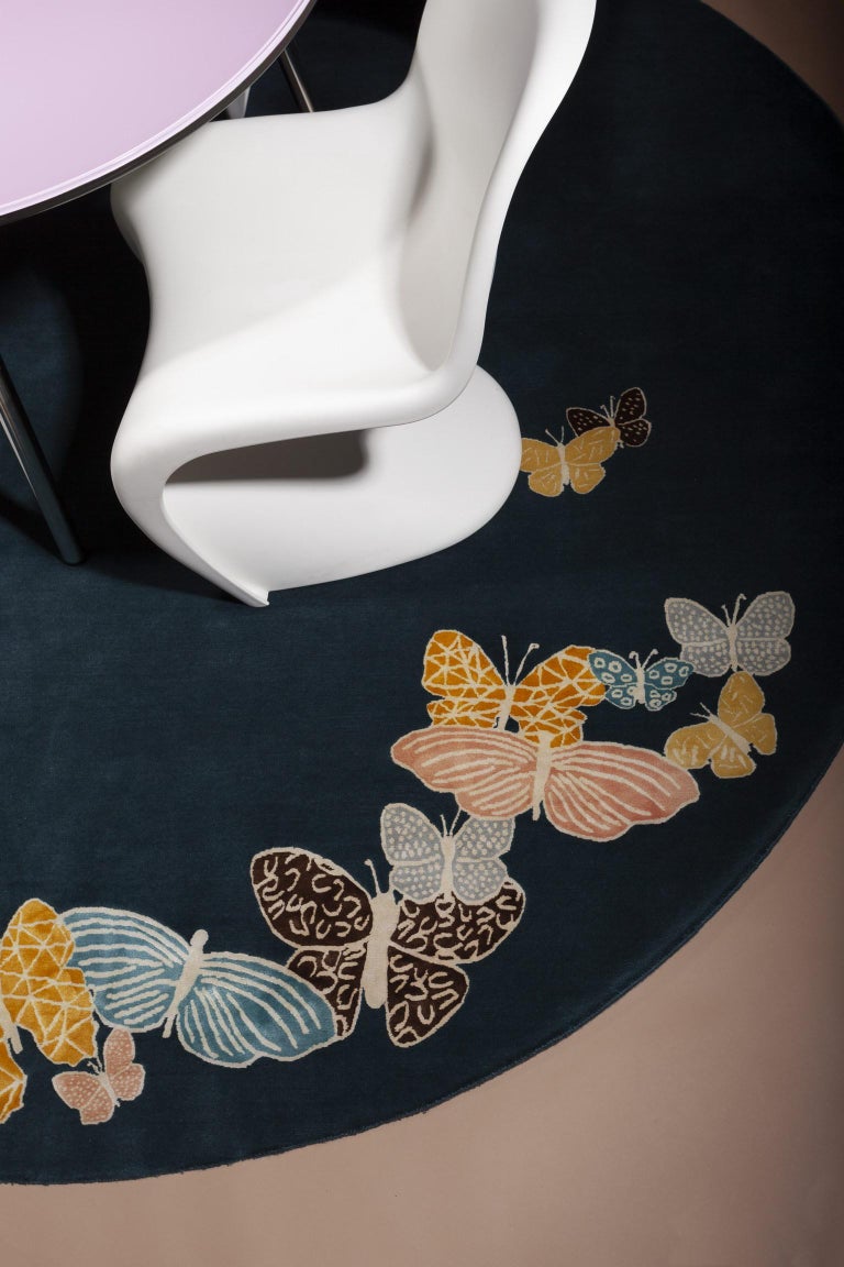 Teal, blue, orange, pink, Round Wool and Silk Rug, Butterfly pattern ...