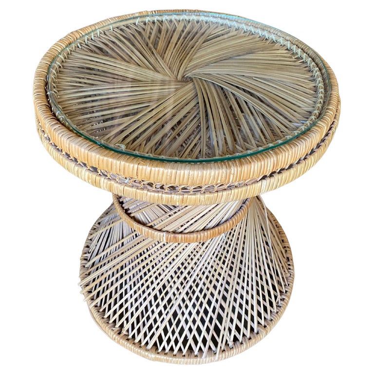 Round Woven Wicker Side Table w/ Glass Top, Circa 1970 For Sale at 1stDibs
