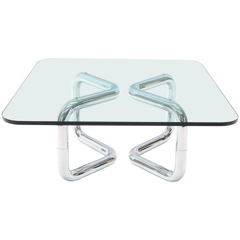 Rounded Corners Square Coffee Table on Thick Bent Tube Chrome Base For ...