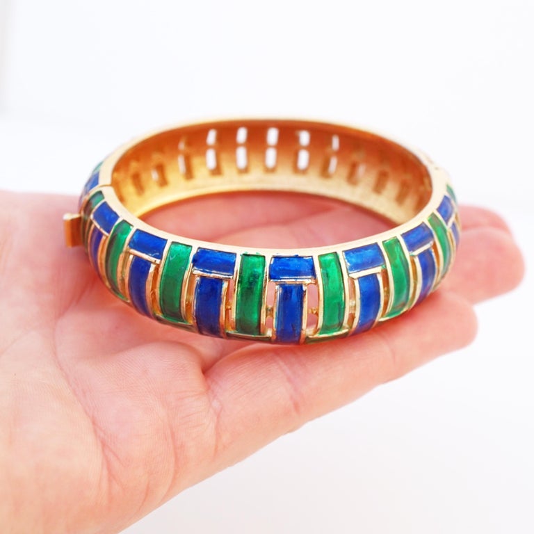 Royal Blue and Green Enamel Hinged Bangle Bracelet By Crown Trifari ...