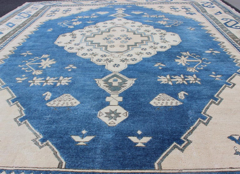 Royal Blue, White and Taupe Vintage Turkish Rug with Geometric ...