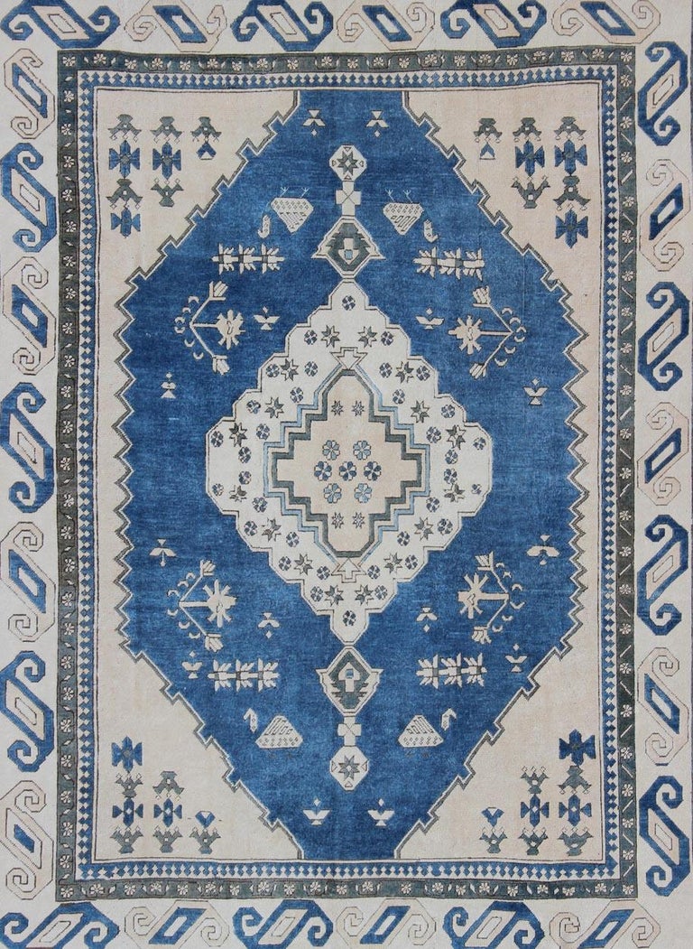 Royal Blue, White and Taupe Vintage Turkish Rug with Geometric ...