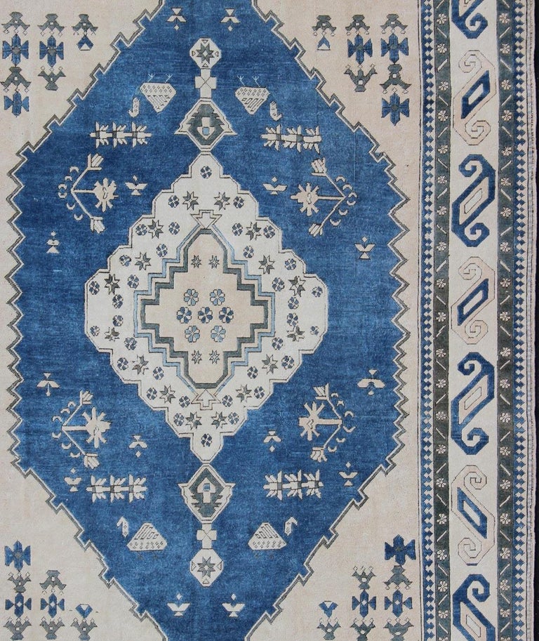 Royal Blue, White and Taupe Vintage Turkish Rug with Geometric ...