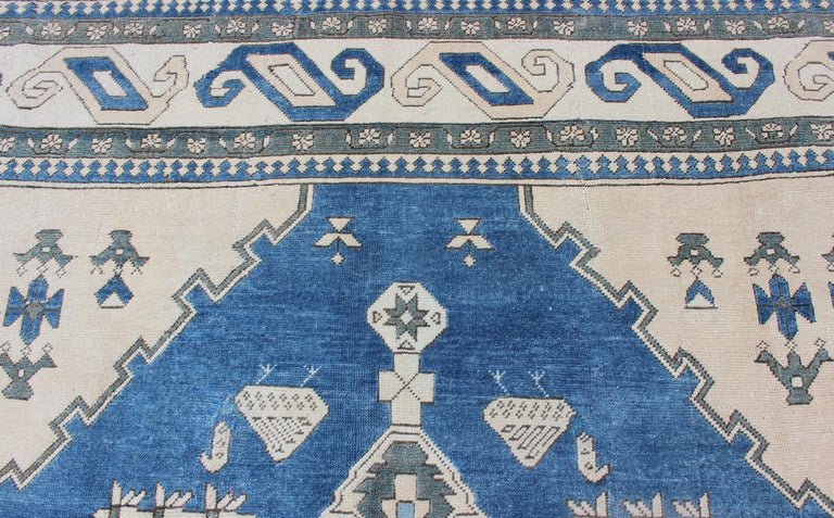 Royal Blue, White and Taupe Vintage Turkish Rug with Geometric ...
