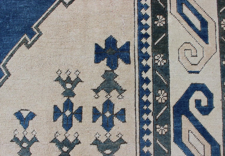 Royal Blue, White and Taupe Vintage Turkish Rug with Geometric ...