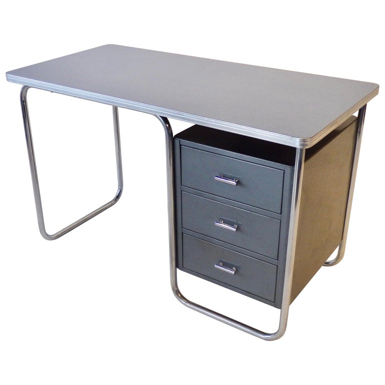Royal Chrome Art Deco Machine Age Desk with Blue Laminate Top Grey ...