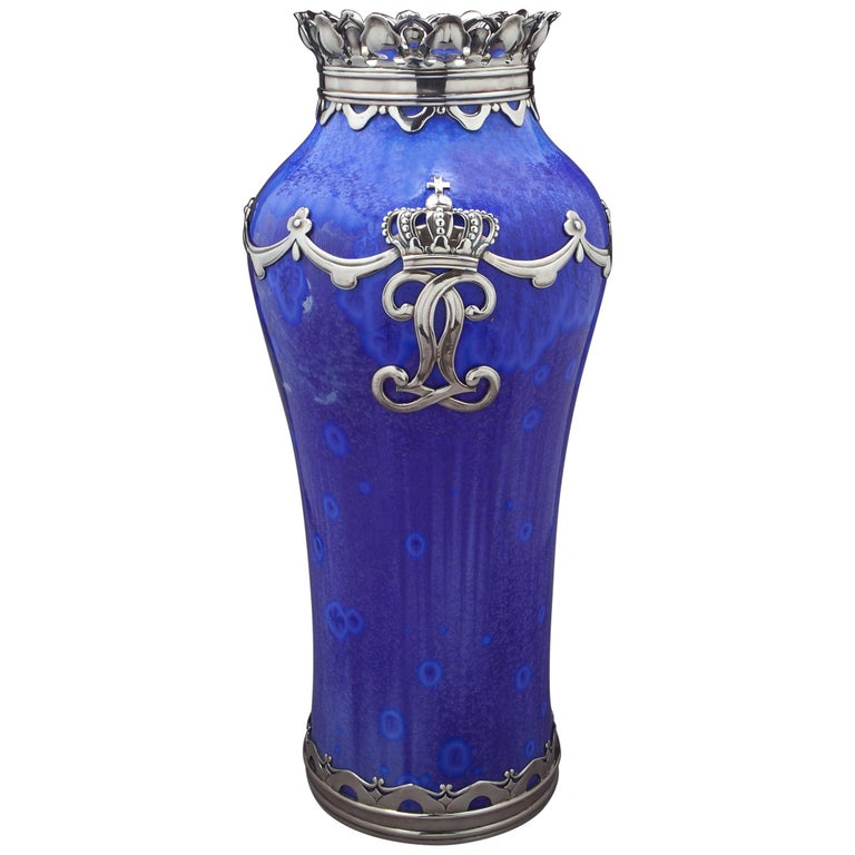 Silver Mounted Royal Copenhagen Crystalline Royal Presentation Vase ...