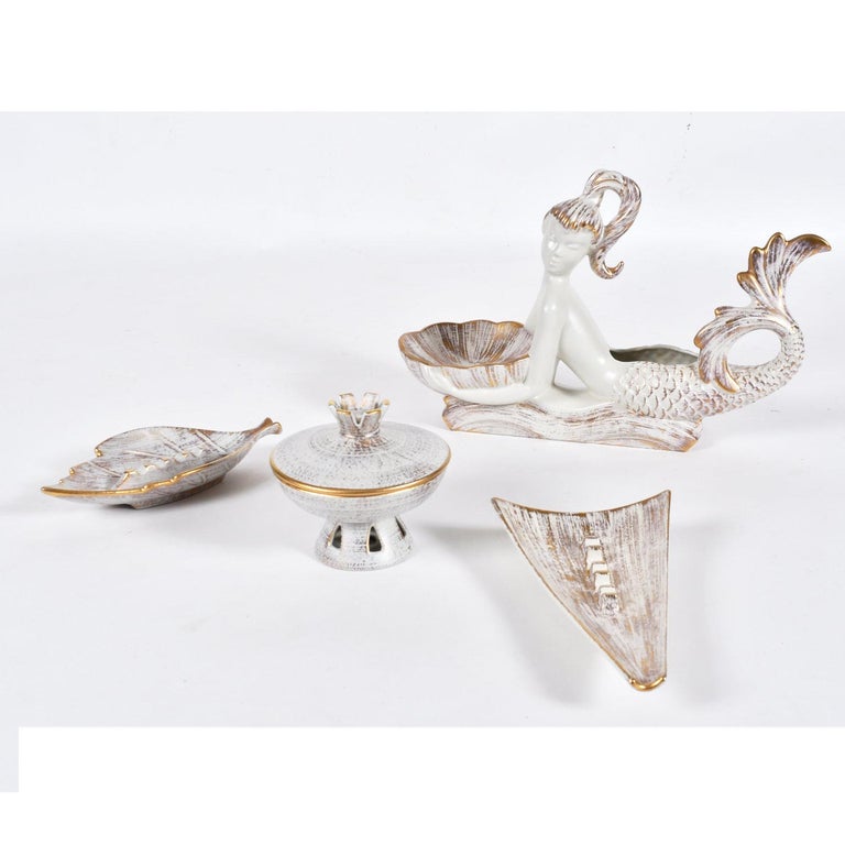 Royal Haeger Gold Tweed Mermaid Planter Ashtrays and Candy Dish Set For ...