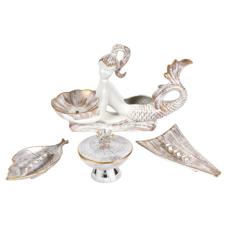 Royal Haeger Gold Tweed Mermaid Planter Ashtrays and Candy Dish Set For ...