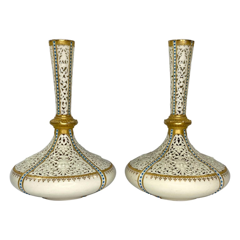 Royal Worcester 'China Works' Reticulated Porcelain Vases, c. 1890 at ...