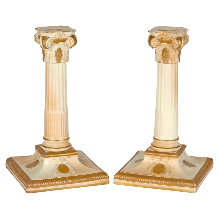 Royal Worcester Pair Blush Ivory Porcelain Column Candlesticks For Sale ...
