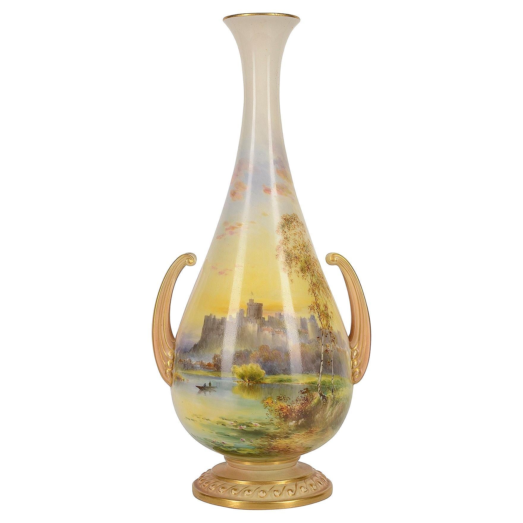 Royal Worcester Lidded Vase, Depicting a Thatched Cottage, Signed Harry ...