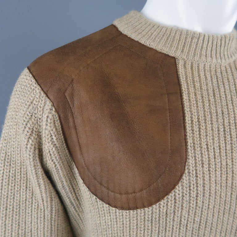RRL by RALPH LAUREN Size M Beige Cotton Blend Brown Leather Patch ...