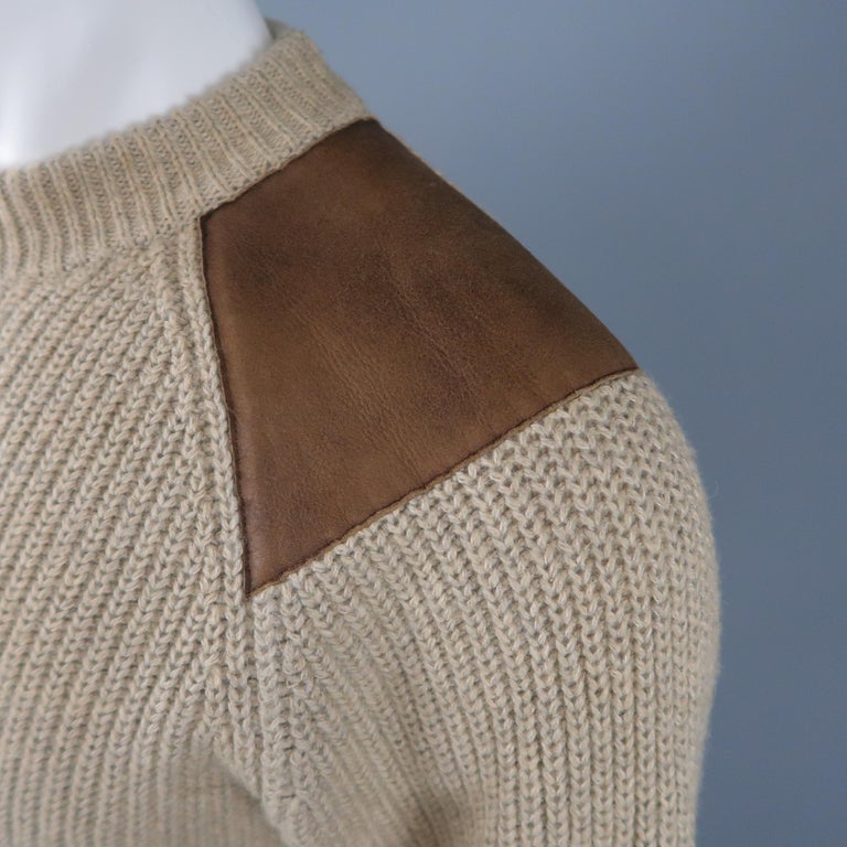 RRL by RALPH LAUREN Size M Beige Cotton Blend Brown Leather Patch ...